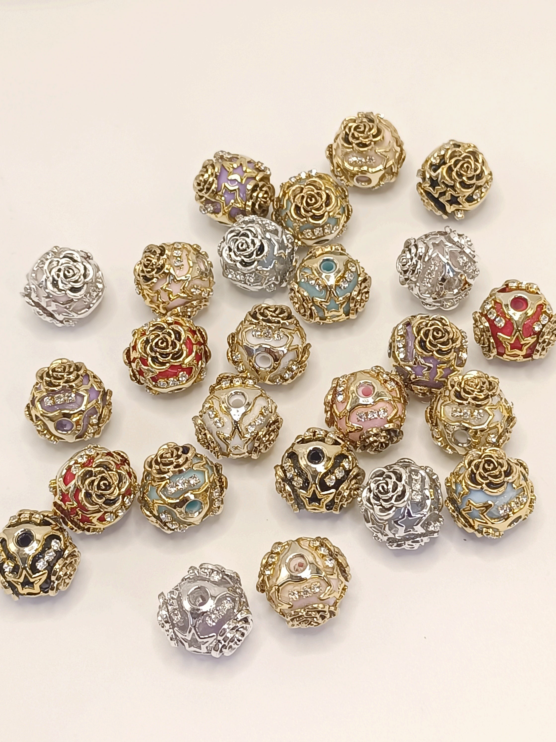 Fancy Bead Flower Bead Gold Silver Rose Flower bead Rhinestone Chain ...