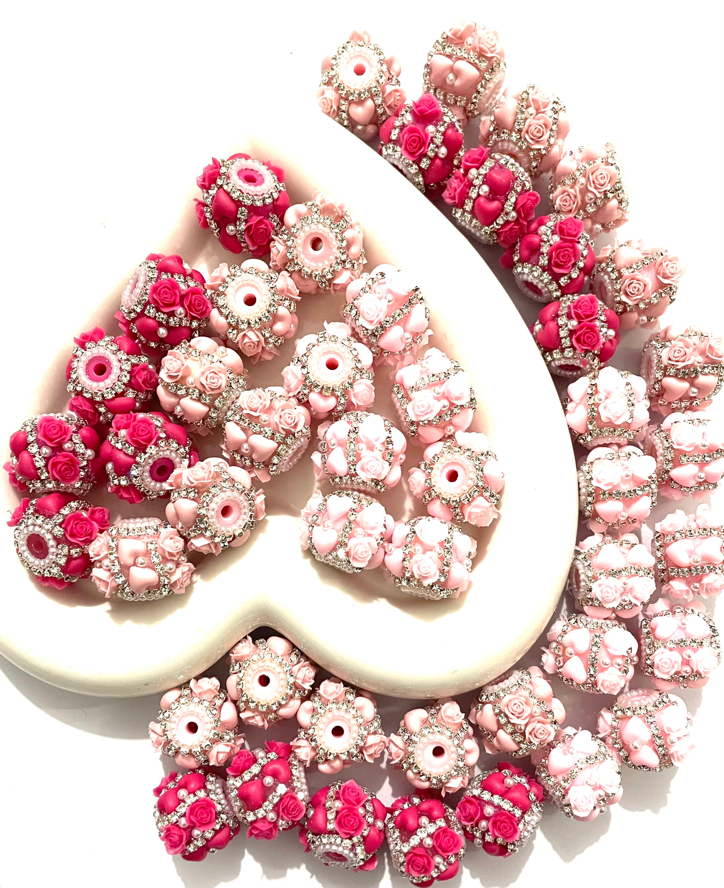 beaded beadable fancy heart rose flower beads ornaments with rhineston ...